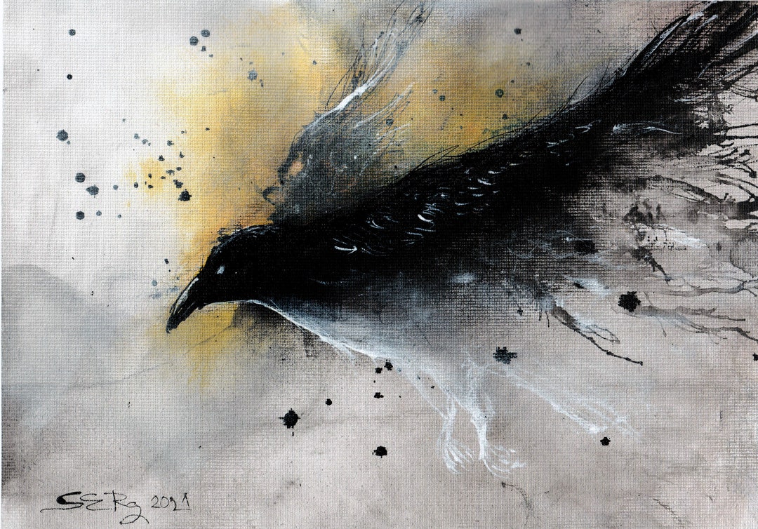 Raven Painting - Ink on 8x11 in Canvas, A4, 21x30cm - Abstract Flying ...