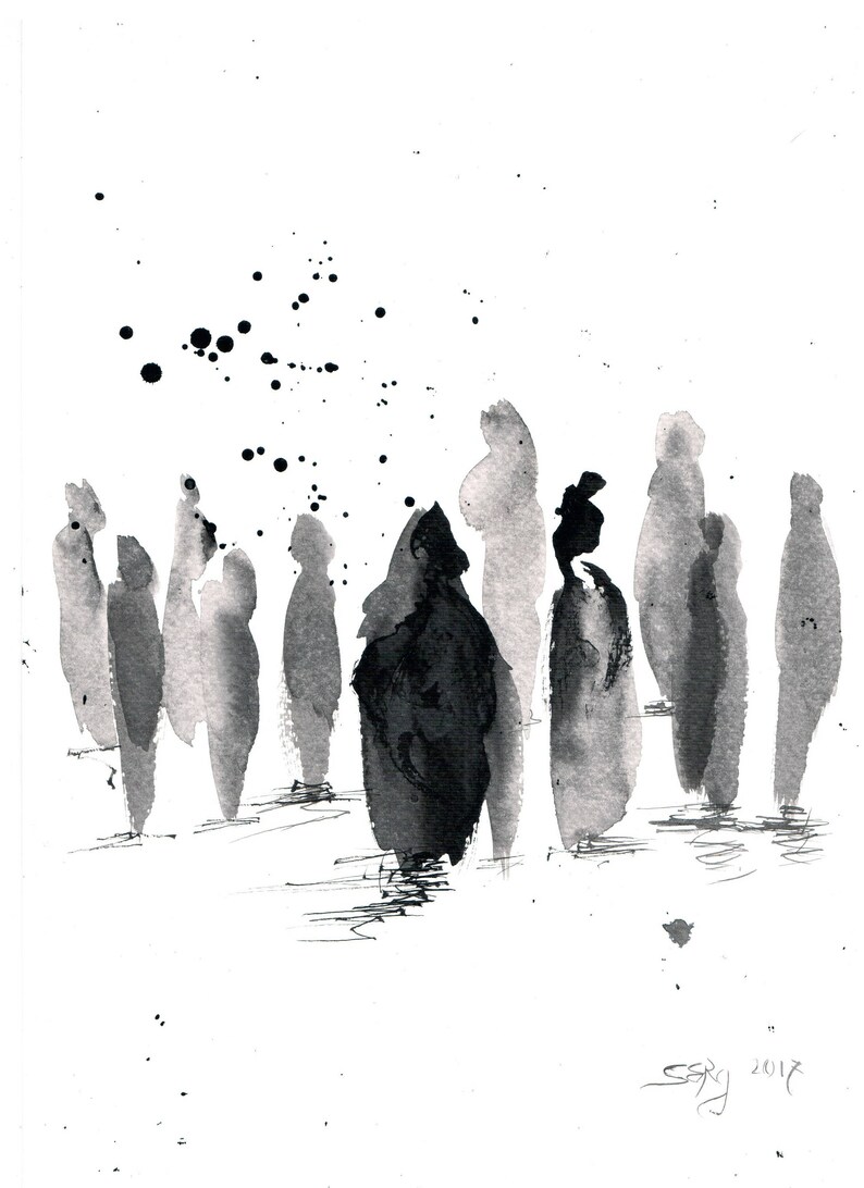 Sumi Ink Painting 8x12in A4 on PAPER Shadow Figures Walking | Etsy