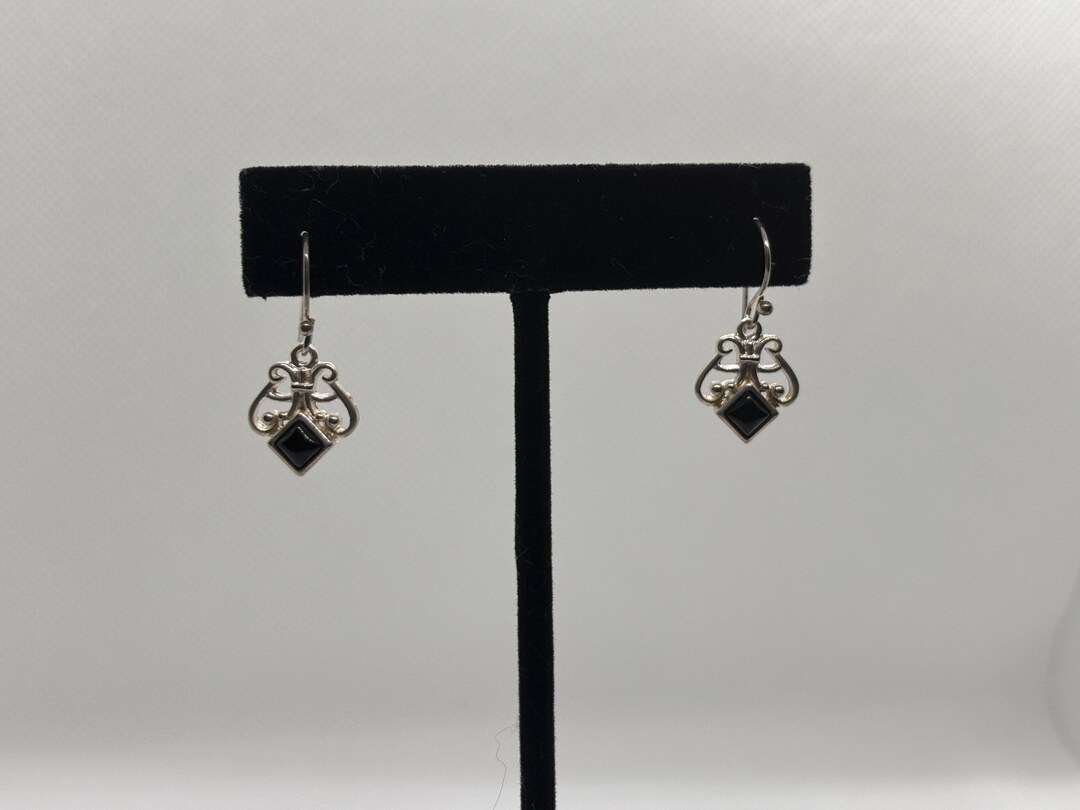 Vintage Style Filigree Princess Cut Onyx Dangle Earrings Sterling ...