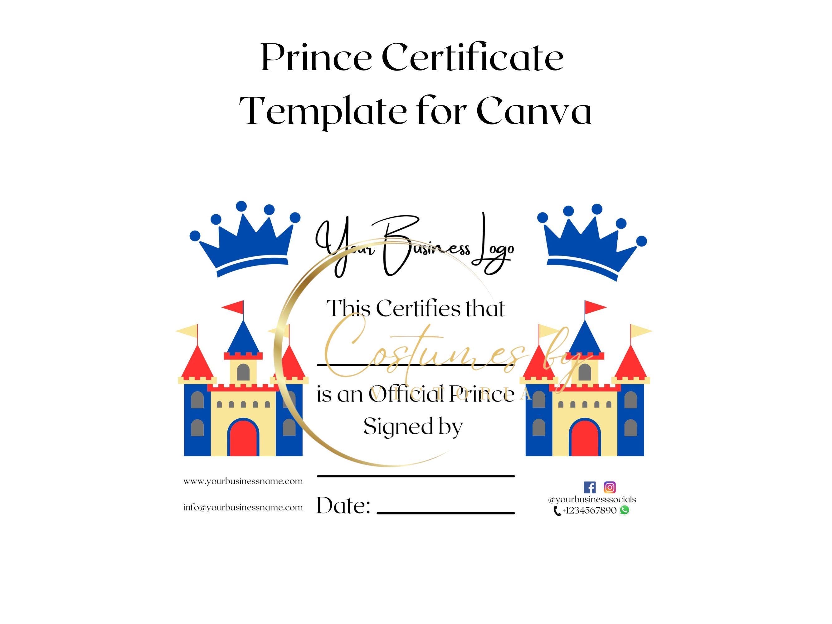 Printable Prince Certificate for Childrens Birthday Parties, Prince Theme Canva Template Digital ...