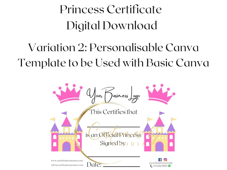 Printable Princess Certificate for Childrens Birthday Parties, Princess ...