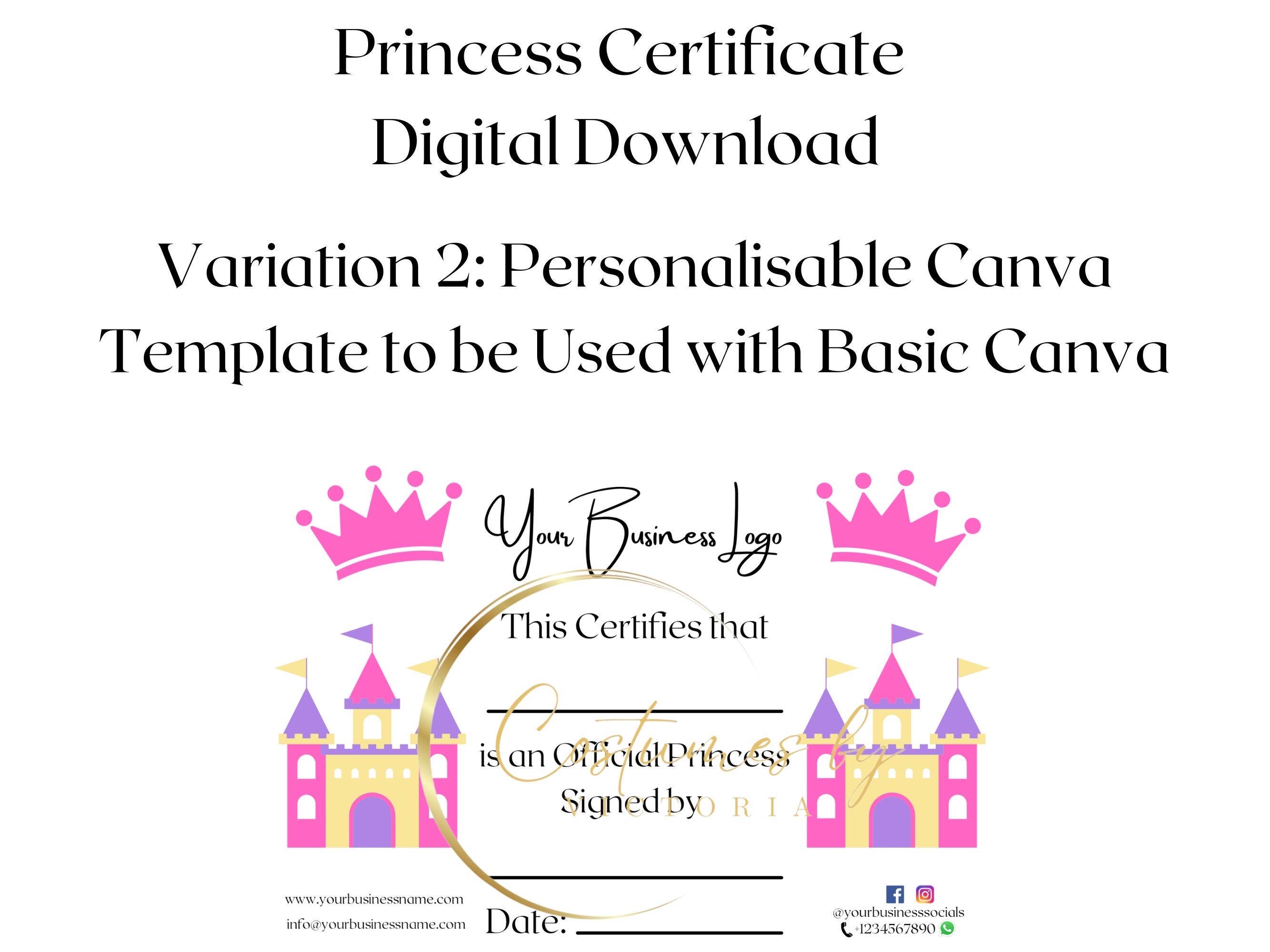 Printable Princess Certificate for Childrens Birthday Parties, Princess ...