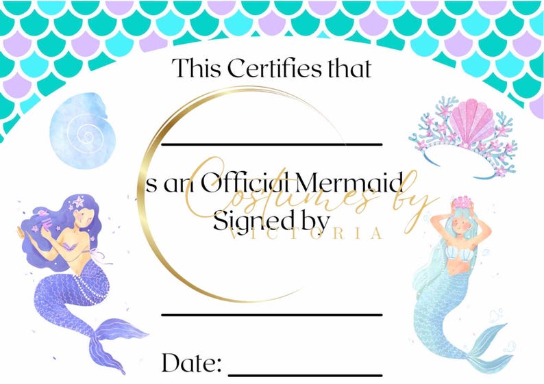 Printable Mermaid Certificate for Childrens Birthday Parties, Under the ...