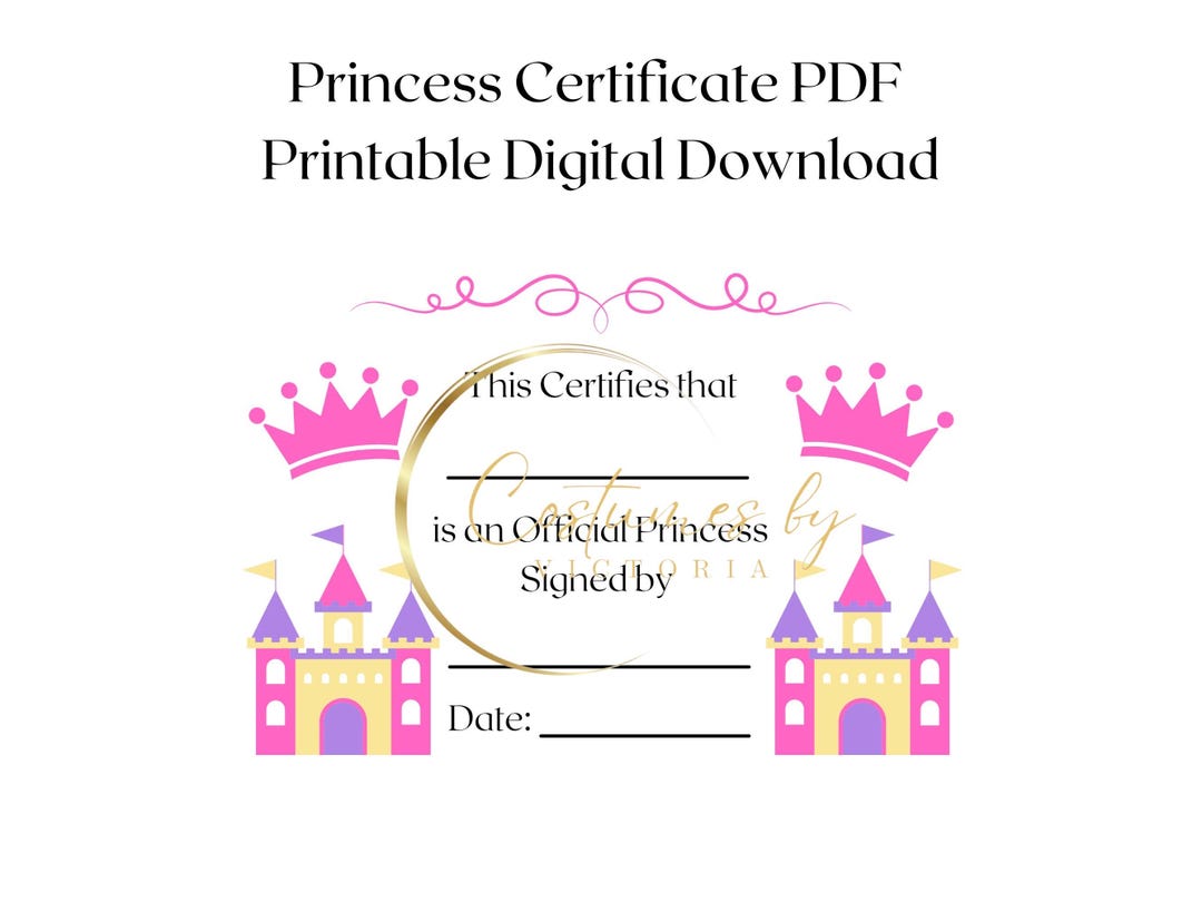 Printable Princess Certificate for Childrens Birthday Parties, Princess ...