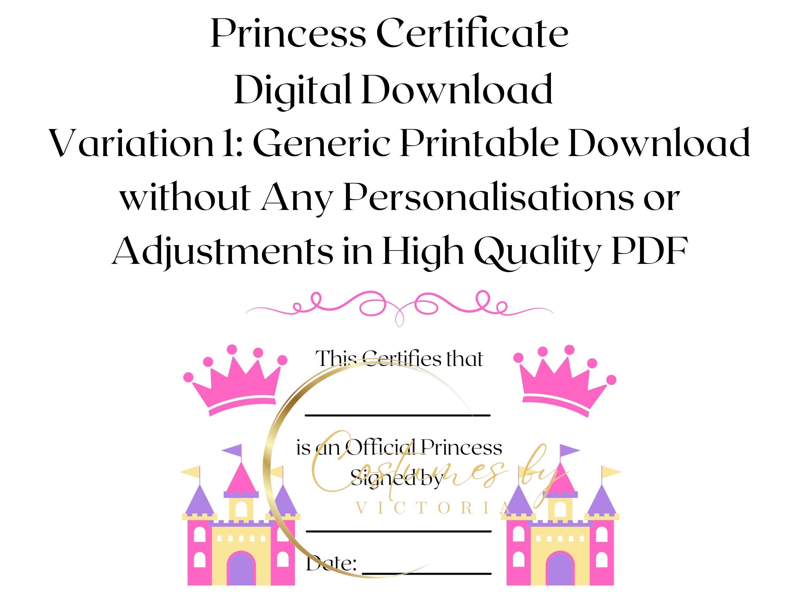 Printable Princess Certificate for Childrens Birthday Parties, Princess ...