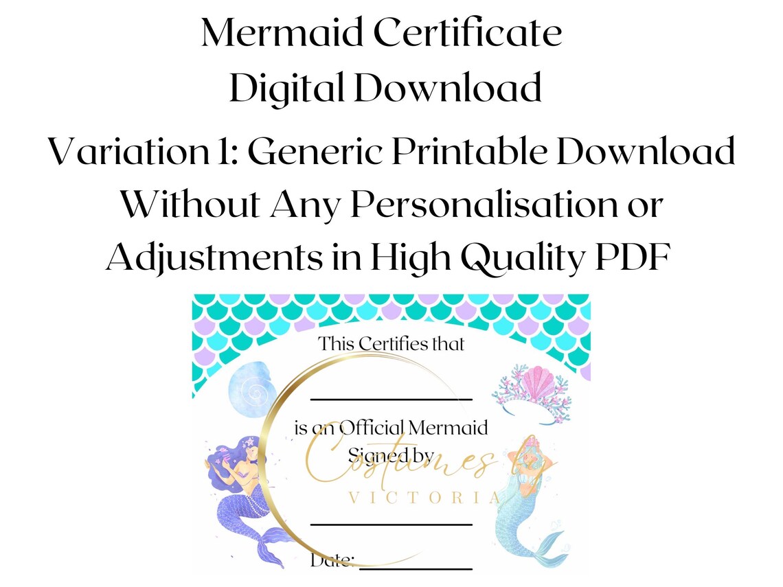 Printable Mermaid Certificate for Childrens Birthday Parties, Under the ...