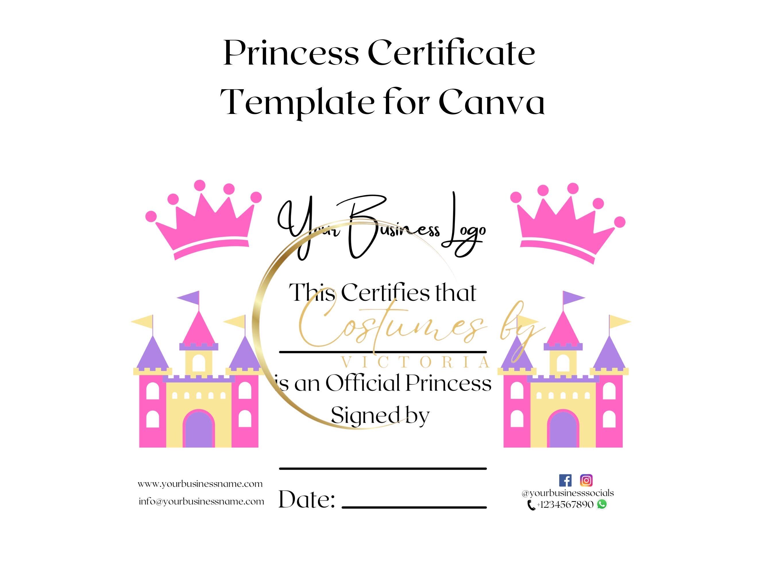 Printable Princess Certificate for Childrens Birthday Parties, Princess ...