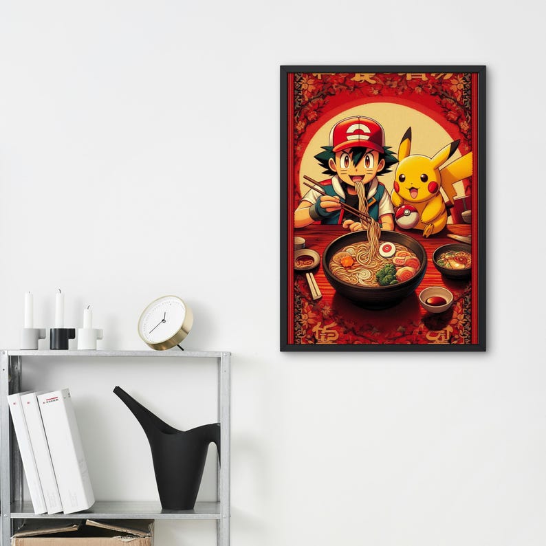 Pokemon, Ash and Pikachu, Ramen , Japanese Tapestry Style, Anime Poster ...