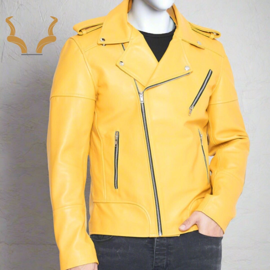Yellow Motorcycle Jacket Men Leather Jacket Full Grain Leather Jacket ...