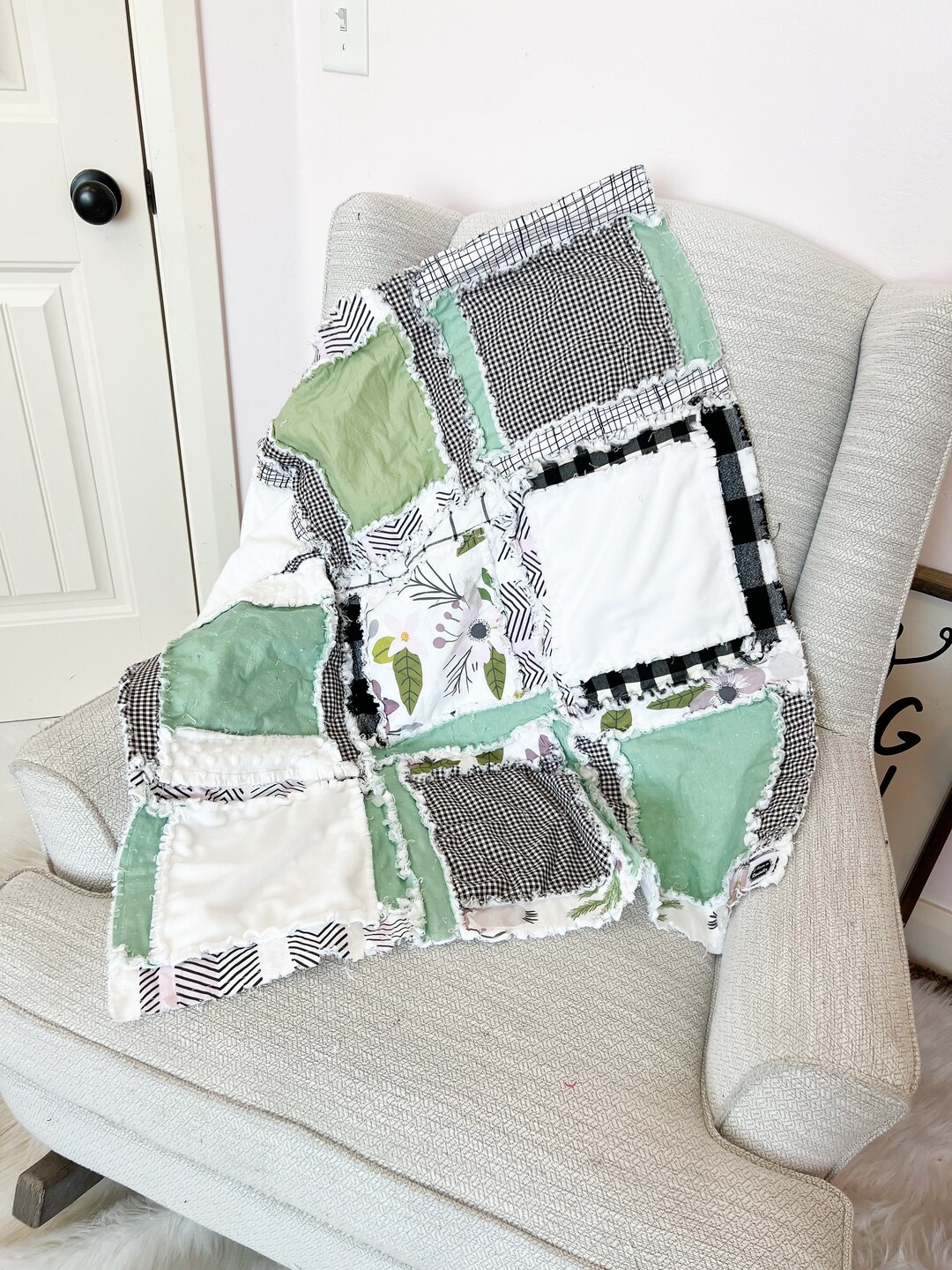 Sage Green Floral Baby Girl Quilt, Girl Quick Ship Quilts, Black and ...