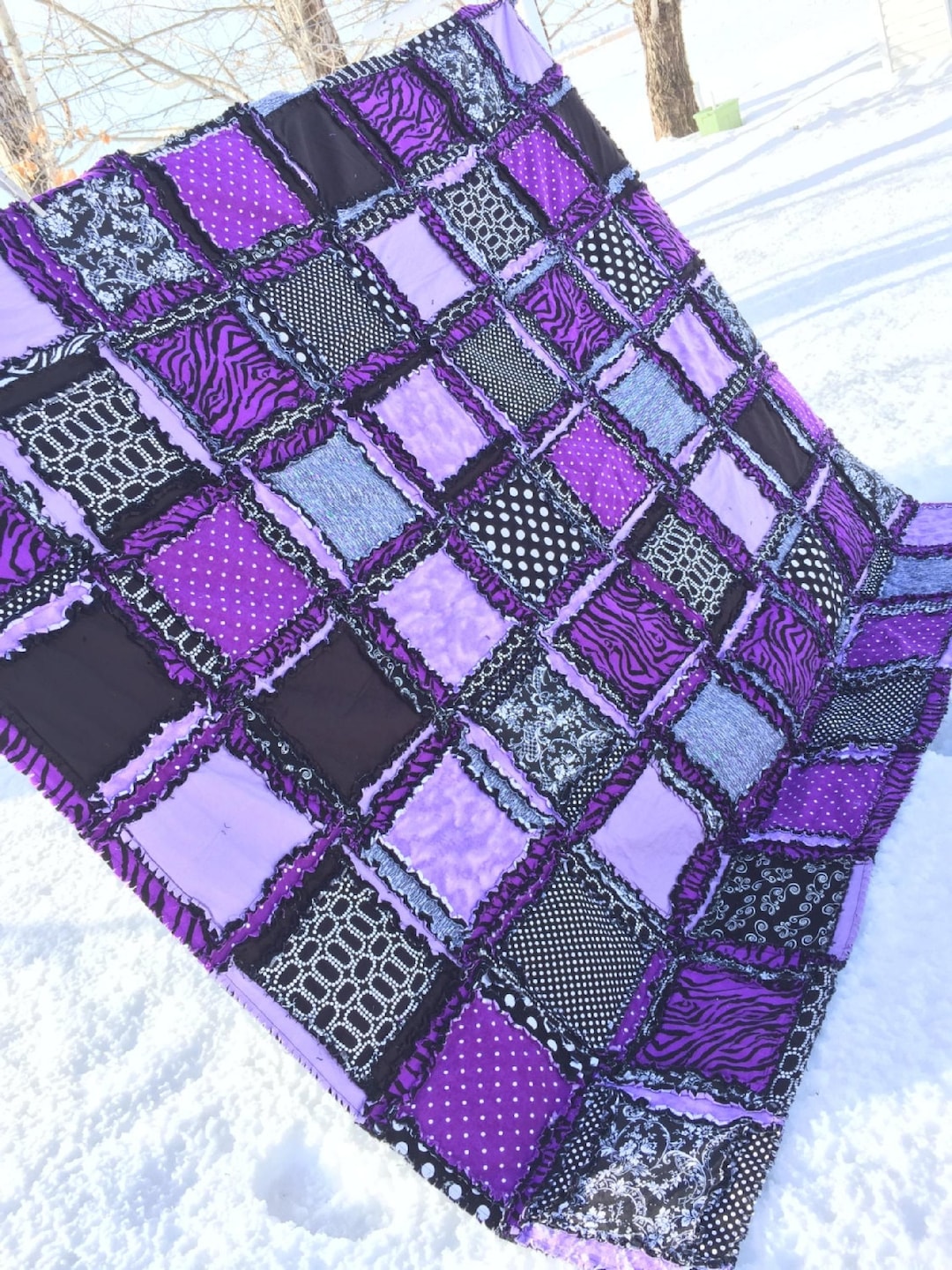 Dark Purple Rag Quilt | Black White Patchwork Quilt | King Size Rag ...
