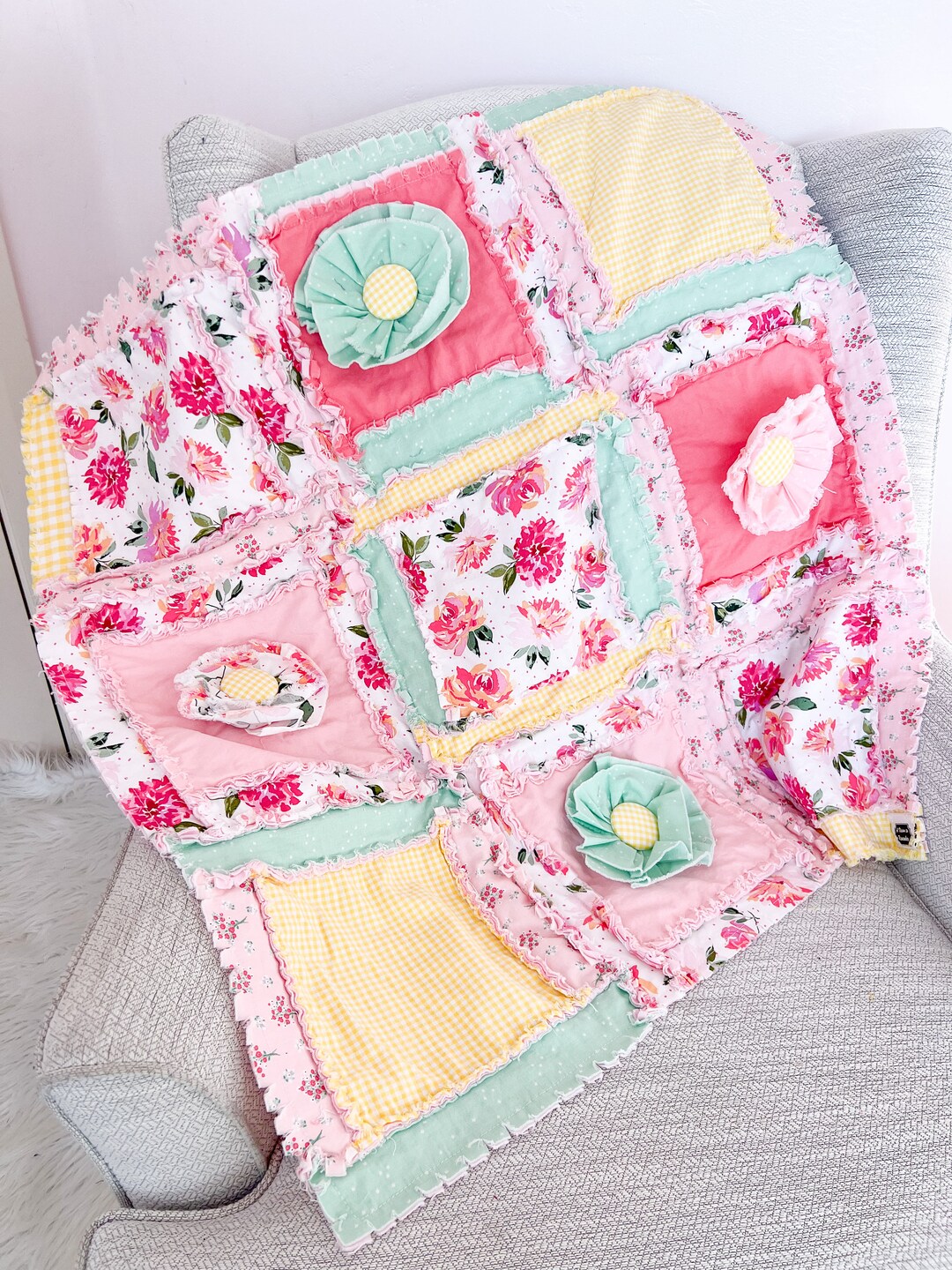 Floral Comforter Pink Crib Bedding, Baby Girl Rag Quilts, Homemade ...