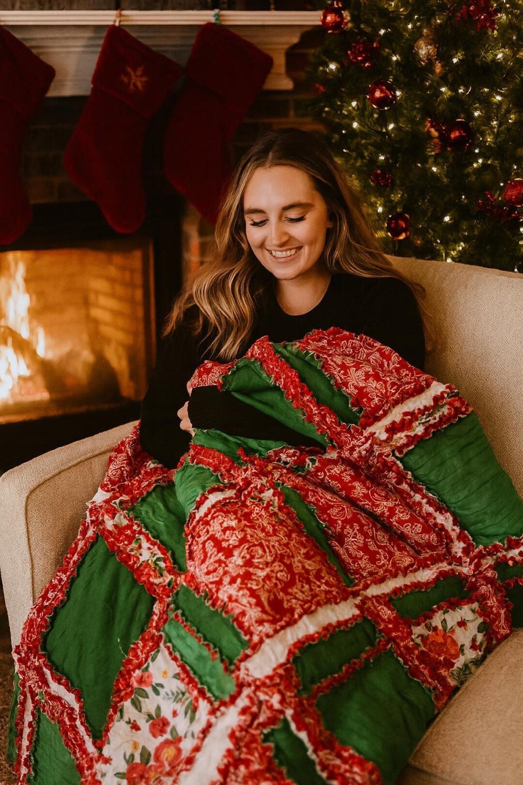 Christmas Rag Quilt | Red Green Holiday Throw | Farmhouse Winter ...