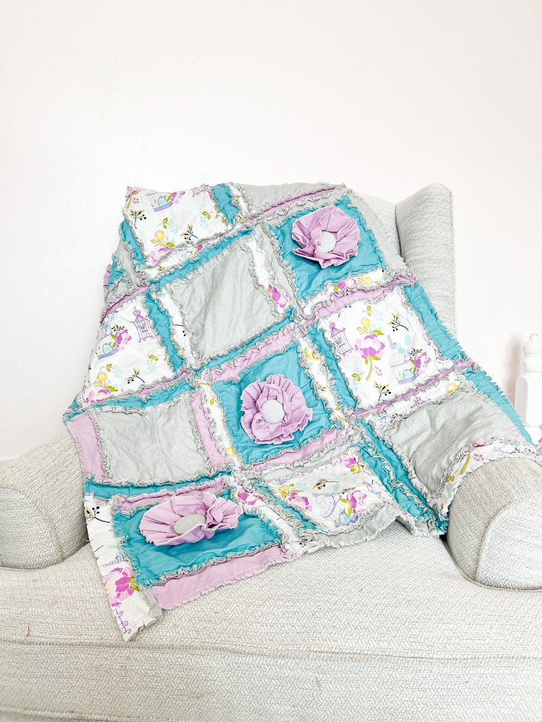 Floral Baby Girl Quilt for Sale Handmade, Rag Bedding for Nursery ...
