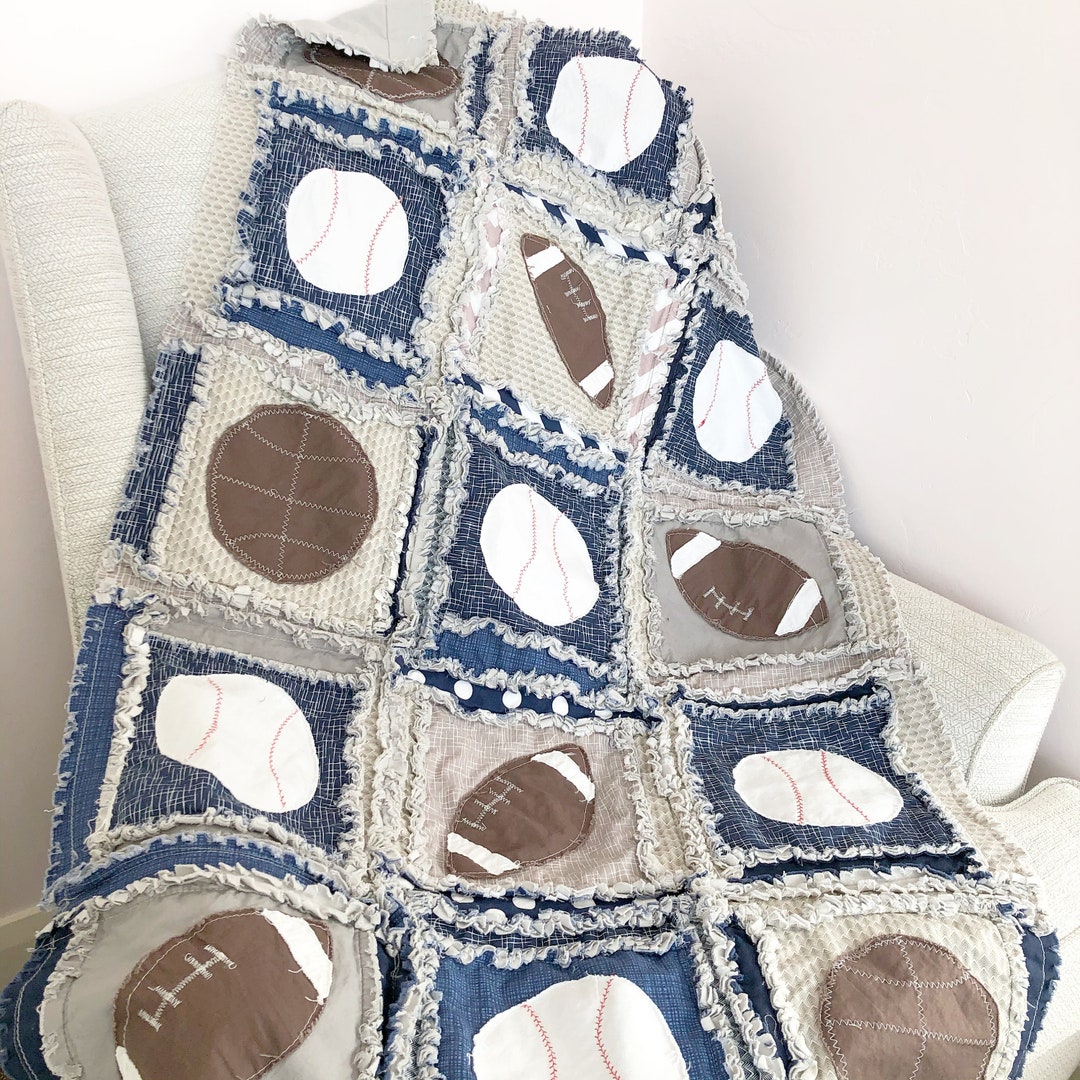 Baseball Quilt, Football Quilt, Sports Theme Rag Quilt, Baby Nursery ...