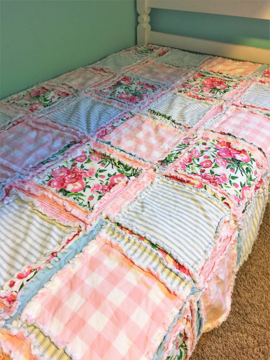 Shabby Rag Quilt Light Blue Comforter | Available in King, Queen, Full ...