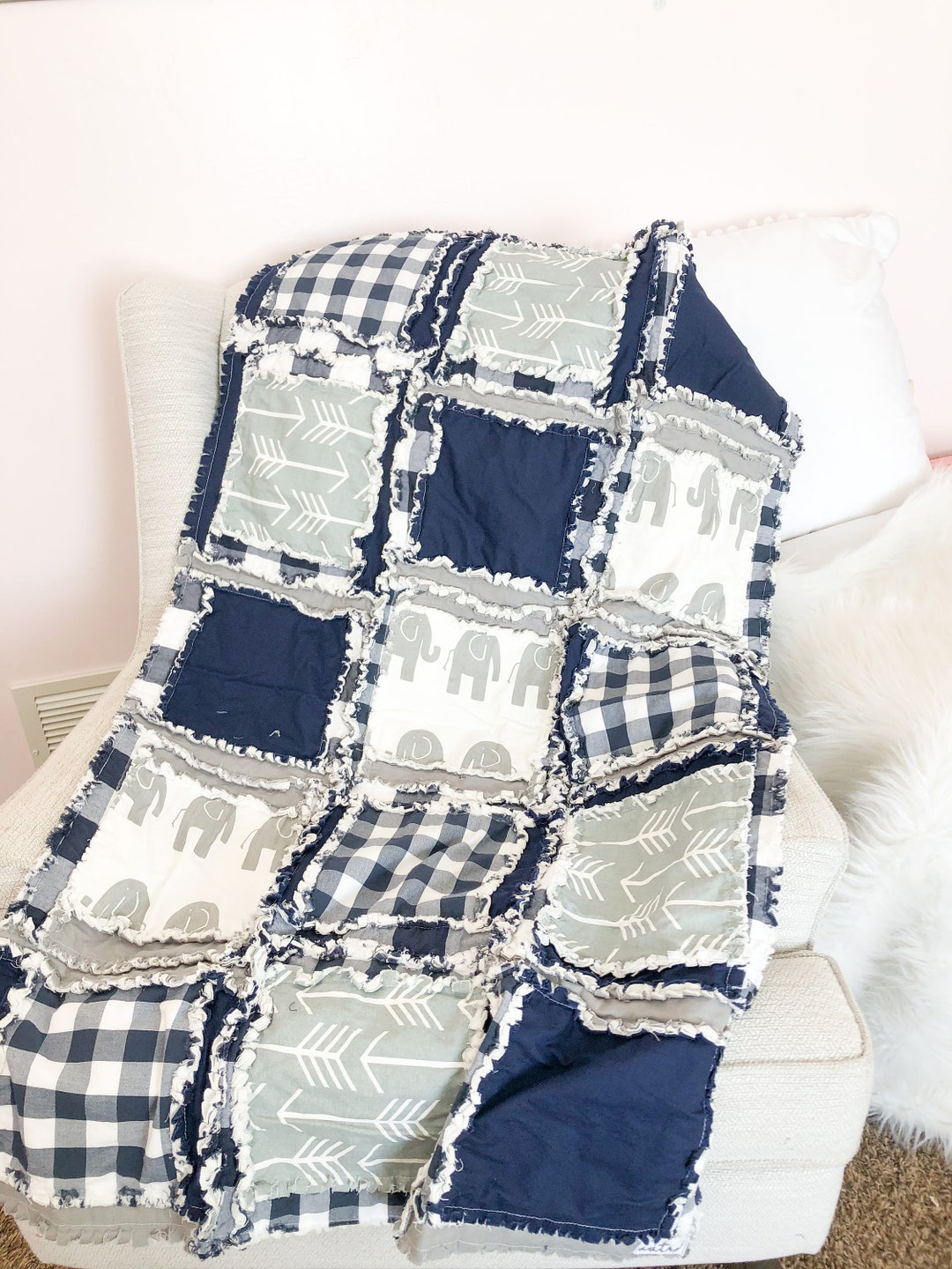 Elephant Rag Quilt Boy Crib Bedding Set, Baby Boy Quilts, Kids Bedding ...