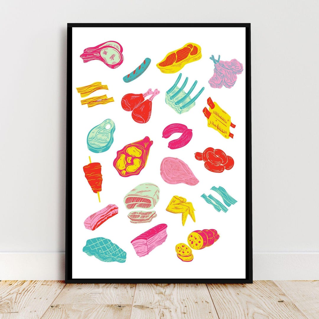 Types of Meat Art Print, Fun Food Art Print, Funky Kitchen Decor ...