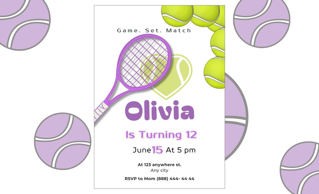 Tennis Birthday Invitation. Girl Tennis Editable Template, Instant ...