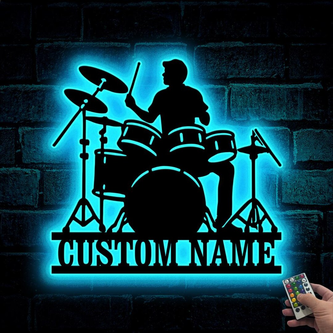 Custom Drummer Male Metal Wall Art Led Light, Drummer Name Sign Drum ...