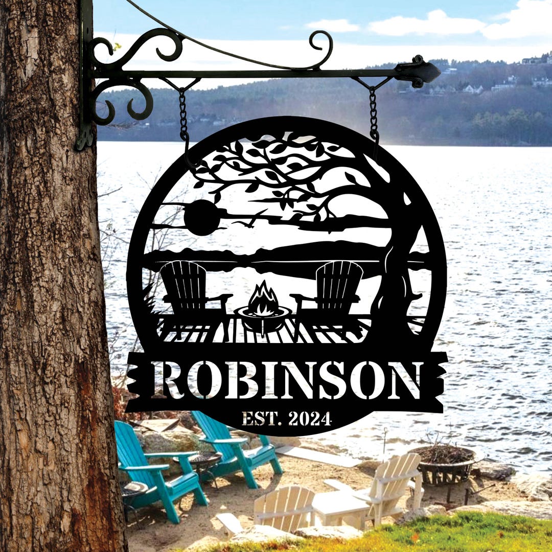 Custom Lakehouse Sign, Tree Chairs Dock on Lake House Scene Sunset Sign ...