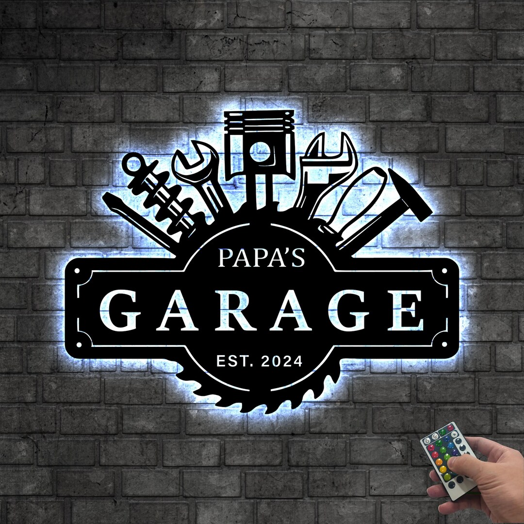 Personalized Garage Metal Wall Decor Led Lights, Papas Work Shop Metal ...