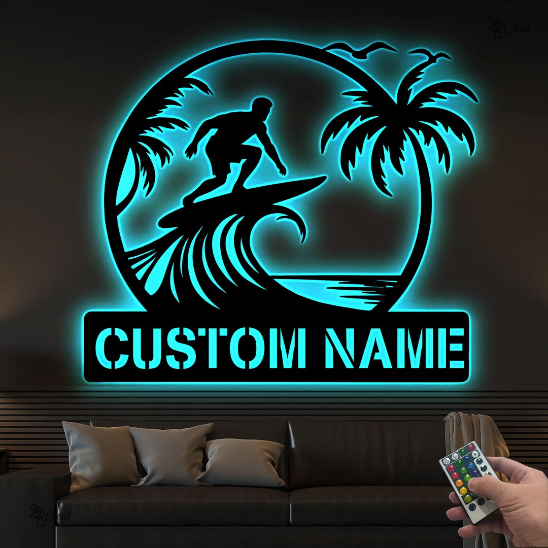 Custom Surfer LED Sign, Personalized Neon Surfboard Wall, Gift for Dad ...