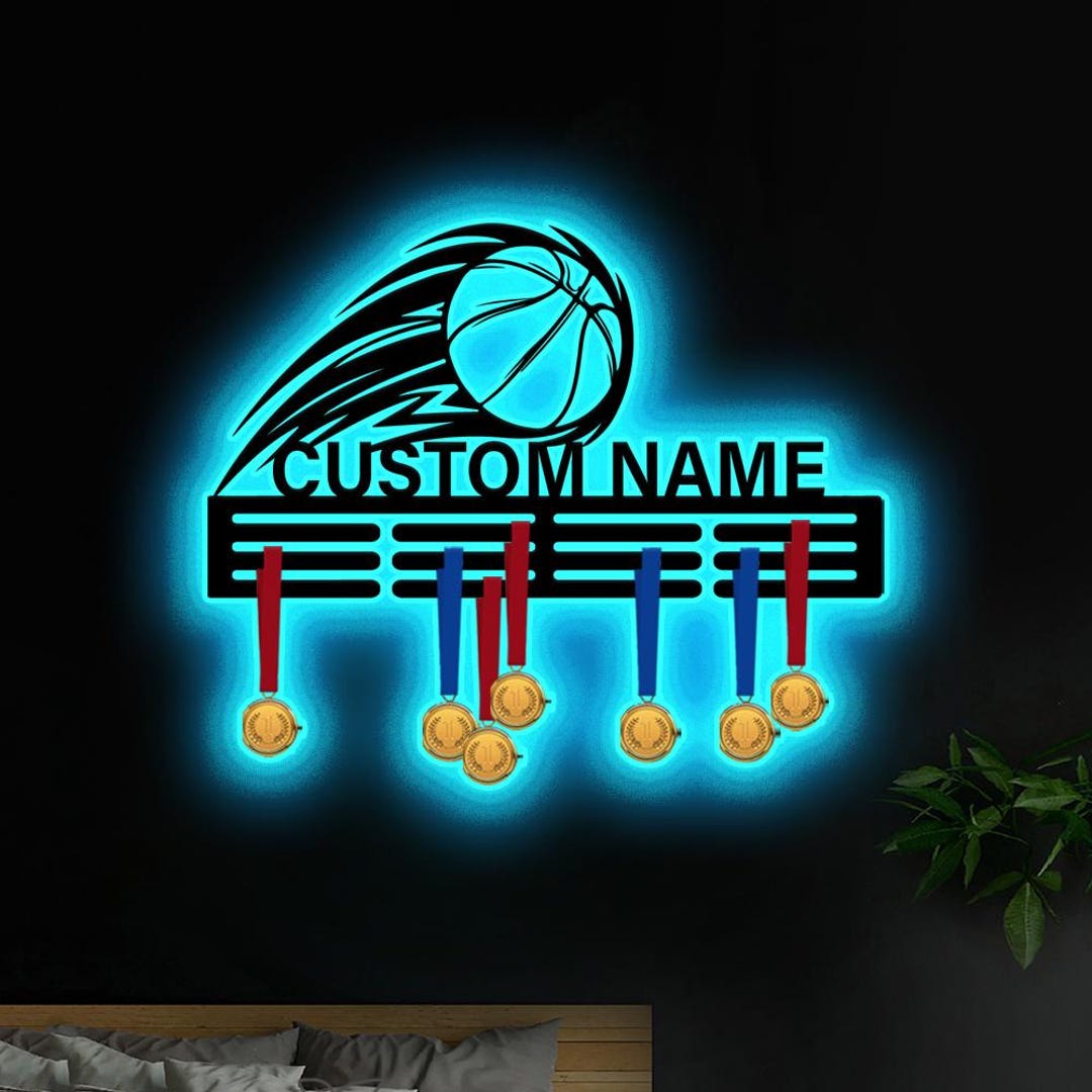 Personalized Basketball Medal Hanger Led Lights, Medal Holder Display ...