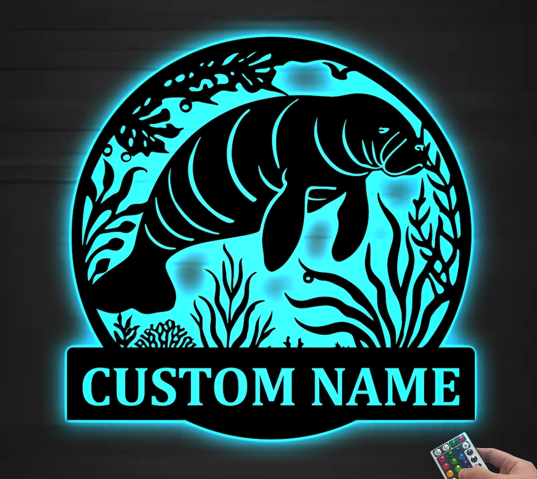 Personalized Manatee Metal Wall Art LED Lights, Custom Manatee Name ...