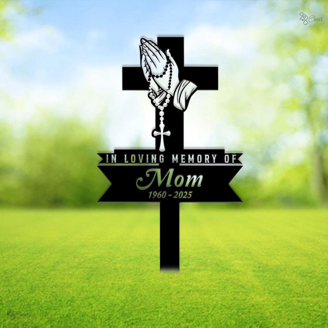 Custom Cross With Praying Hand Memorial Metal Stake, Floral Cross ...