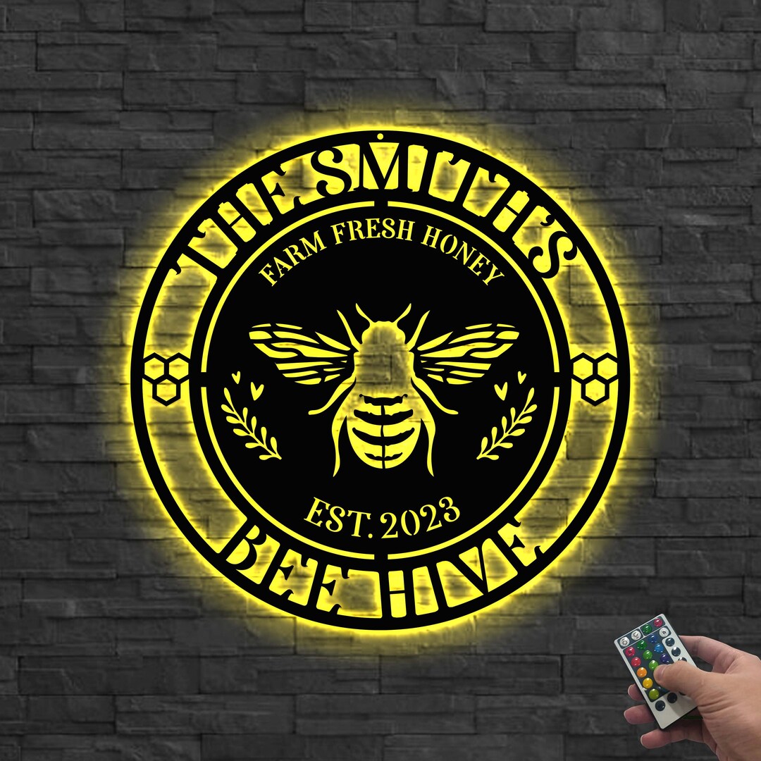 Personalized Honey Bee Metal Wall Decor Led Lights, Custom Bee Farm ...