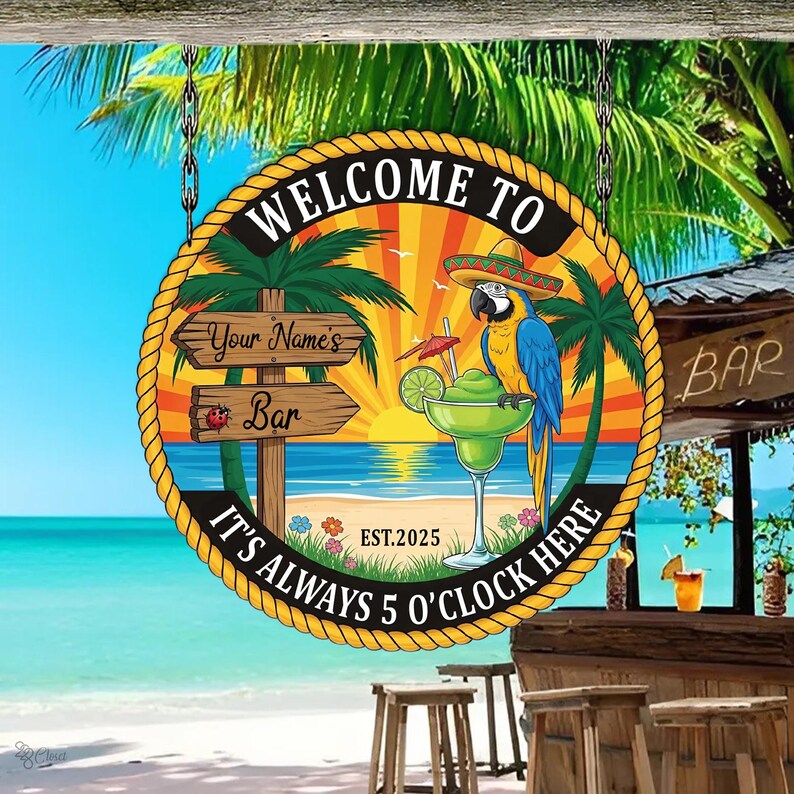 Custom Tiki Bar Sign, Tropical Beach Parrot Sign, Gift for Beach ...