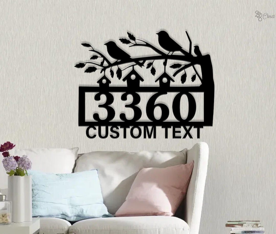 Custom House Number Sign, Bird Tree Metal Wall Art, Address Sign ...