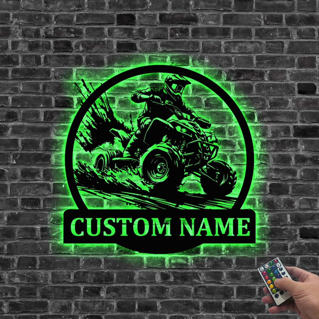 Custom ATV Rider Metal Wall Art LED Light, Personalized Quad Biker Name ...