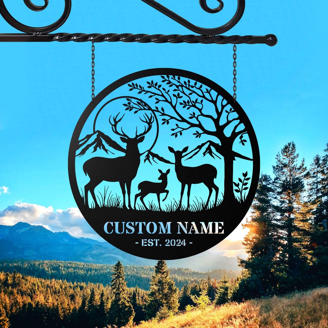Custom Deer Forest Metal Sign, Personalized Deer Family Name Sign, Farm ...