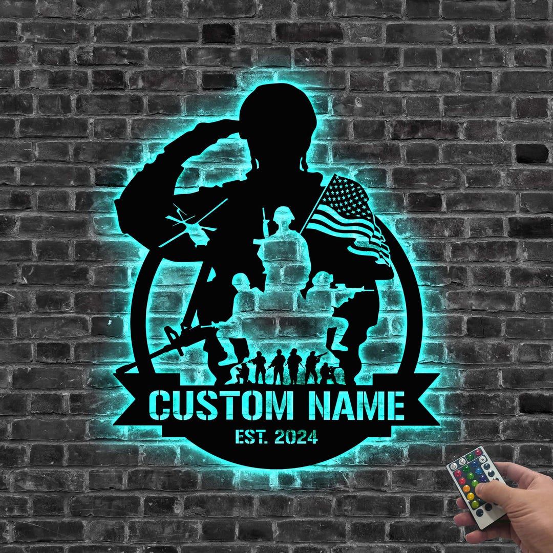 Personalized US Soldier Military Metal Wall Art LED Lights Custom ...