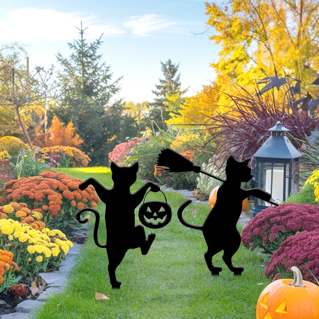 Halloween Cat Metal Yard Stake, Halloween Sign, Witch Cat Garden Decor ...
