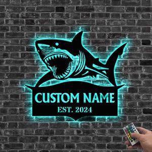 Custom Shark Metal Wall Art LED Light, Personalized Sea Animal Name ...