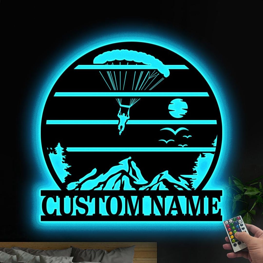 Personalized Skydiving Metal Wall Art LED Lights, Custom Parachute Name ...