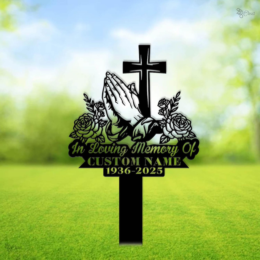 Personalized Cross With Praying Hand Memorial Metal, Floral Cross ...