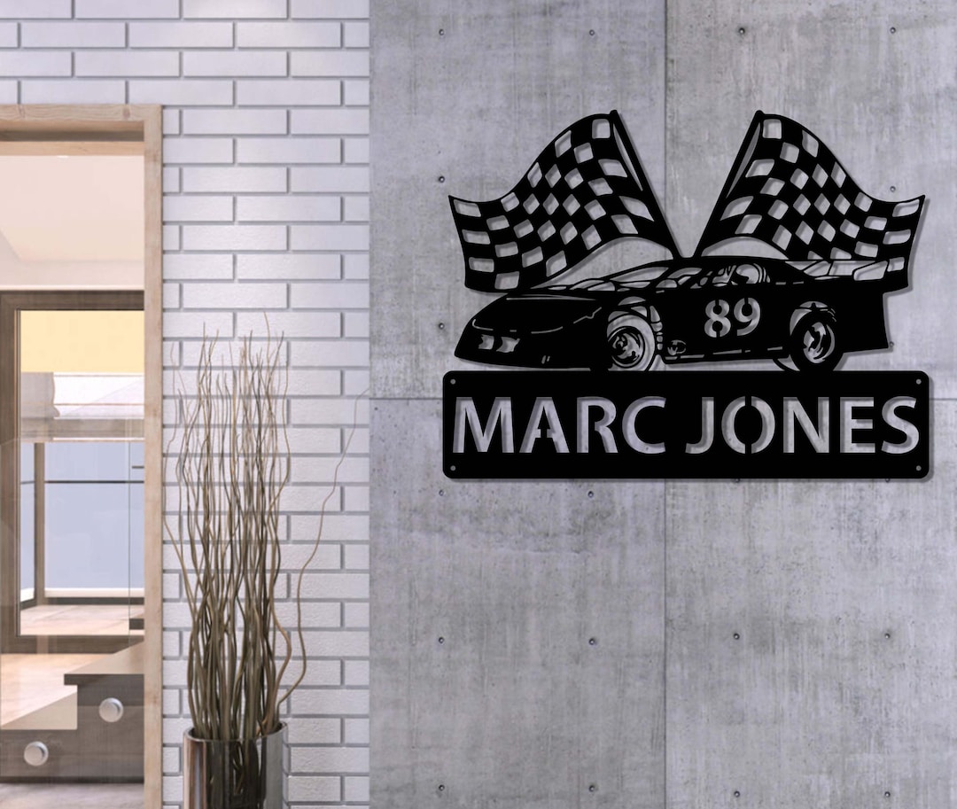 Custom Race Car Name Metal Sign, Wall Art With Checkered Flag,racing ...