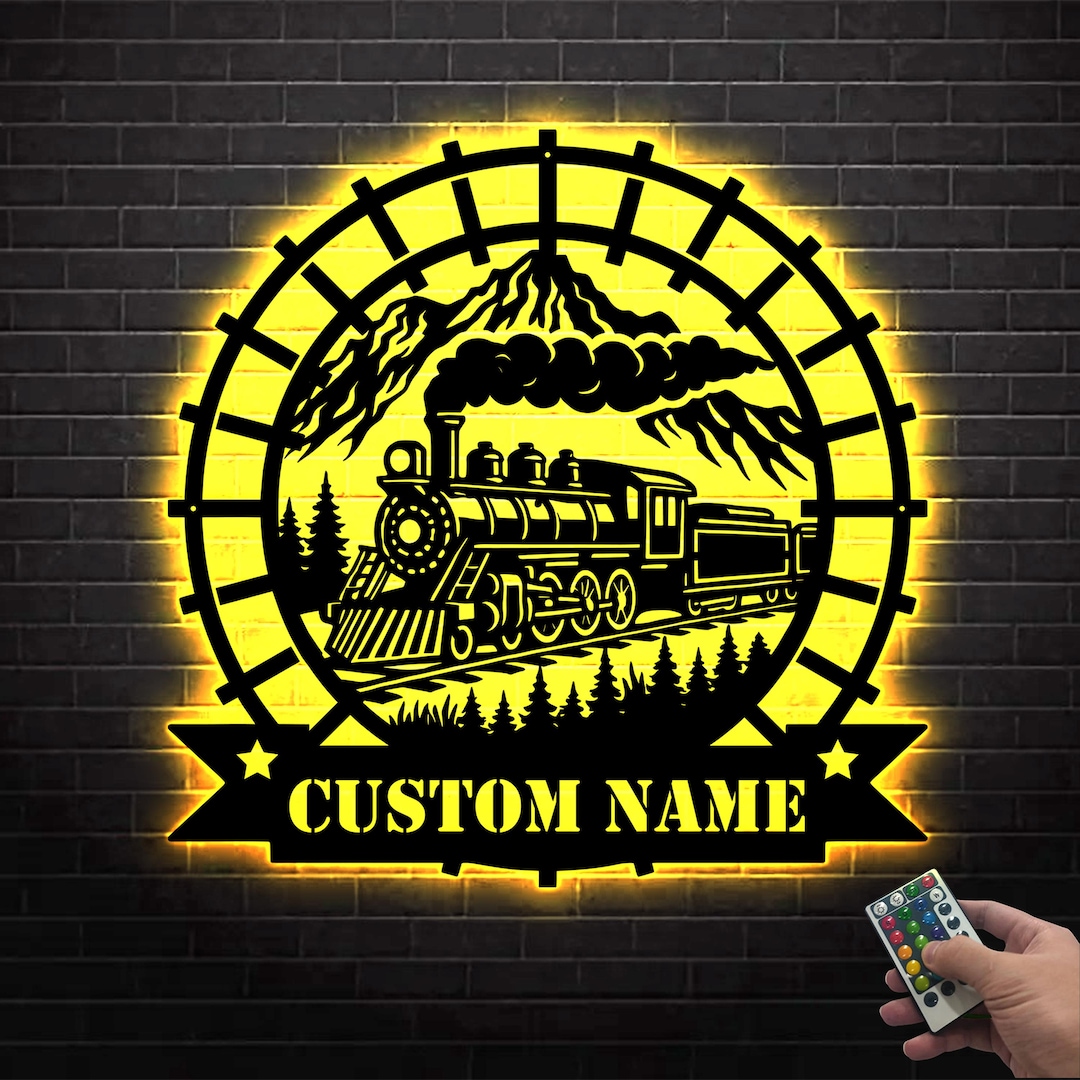 Custom Train Metal Wall Art LED Lights, Railroad Wall Decor, Railroad ...