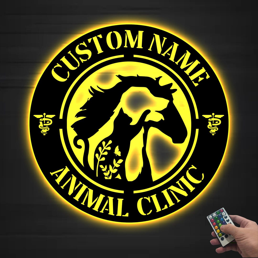 Personalized Animal Clinic Metal Wall Art LED, Custom Pet Care Name ...