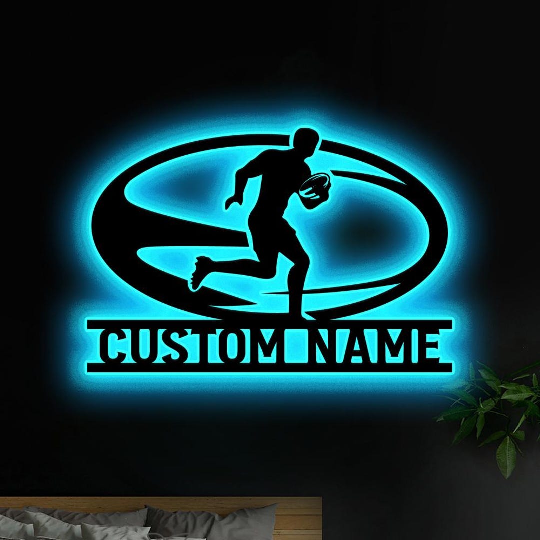 Custom Rugby Metal Wall Art LED Lights Personalized Rugby Player Name ...