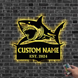 Custom Shark Metal Wall Art LED Light, Personalized Sea Animal Name ...