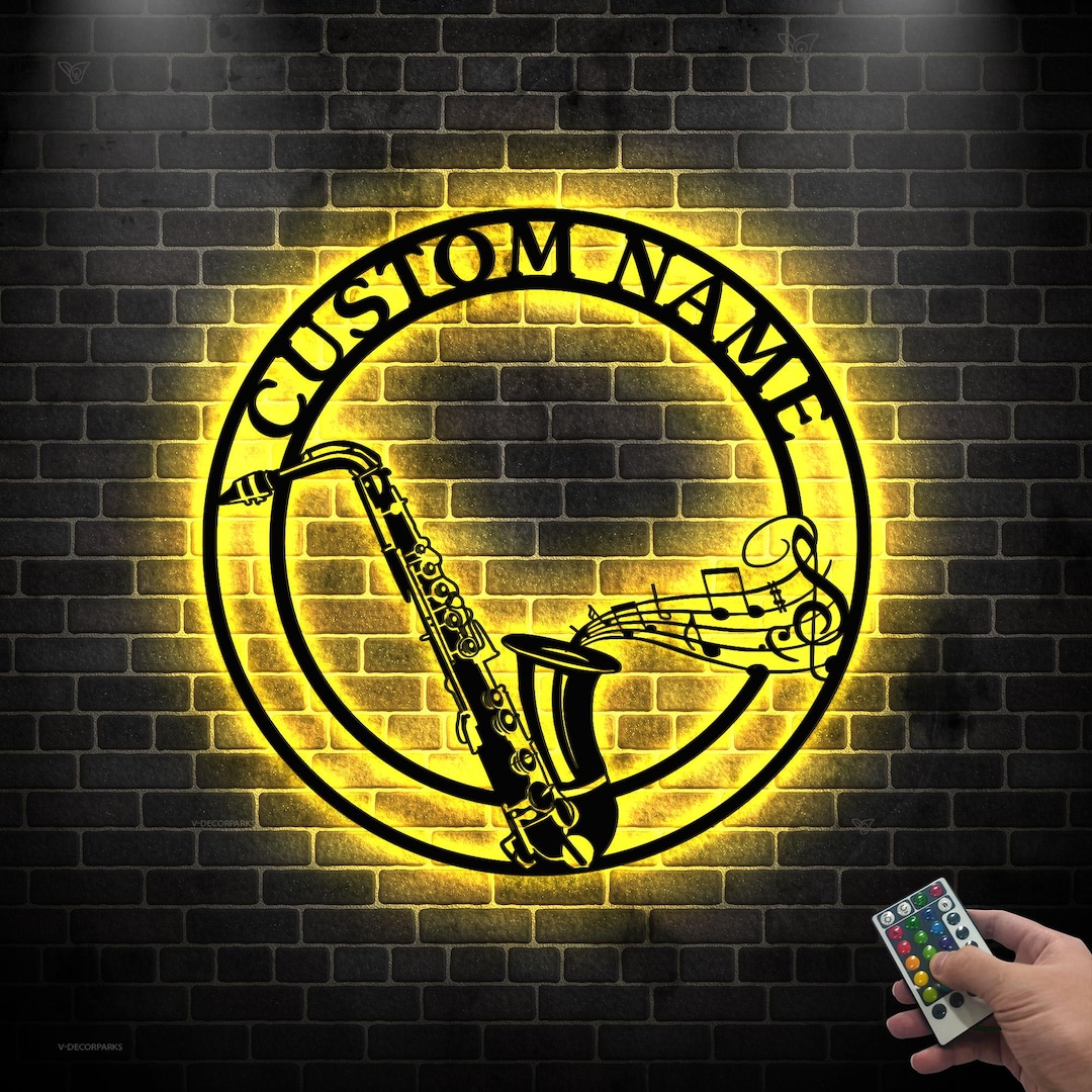Personalized Saxophone Metal Wall Art LED Lights, Saxophone Player Name ...