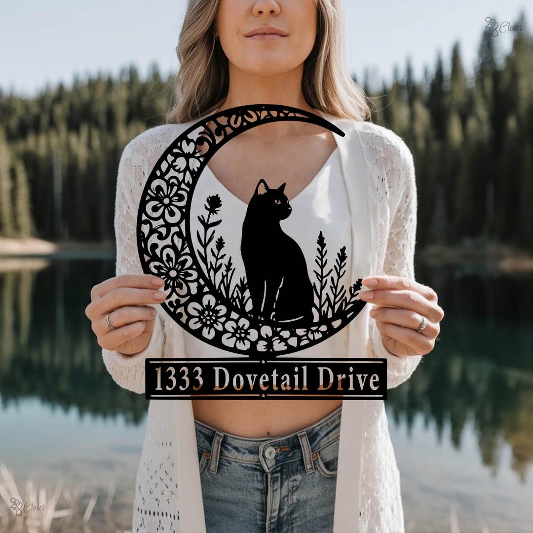 Custom Cat Moon Address Sign, Floral Crescent Cat House, Cat Address ...