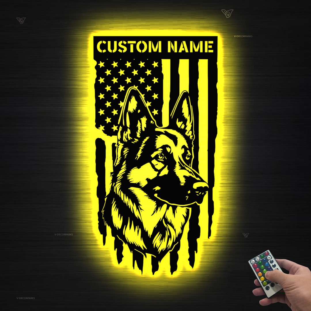 Custom US Flag German Shepherd Metal Wall Art LED Light Personalized ...