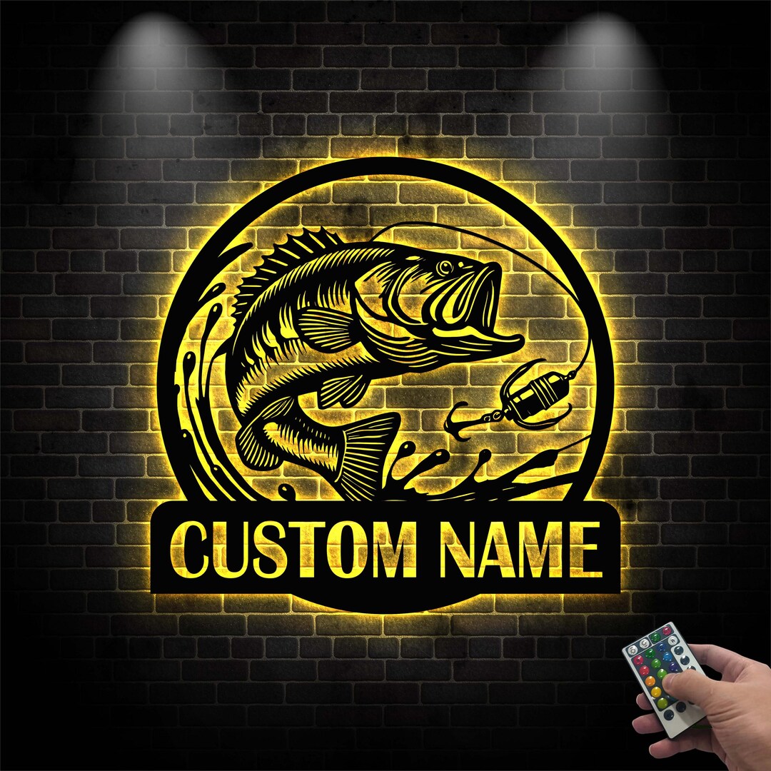 Personalized Bass Fishing Metal Wall Art LED Light, Custom Fisher Name ...