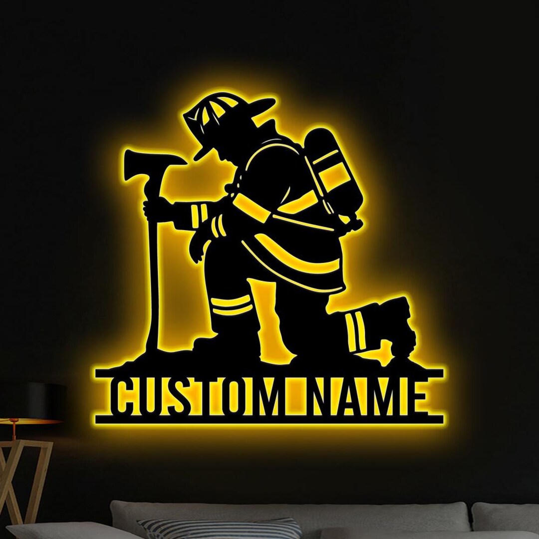 Personalized Fire Fighter Kneeling Metal Wall Art Led Lights, Custom ...